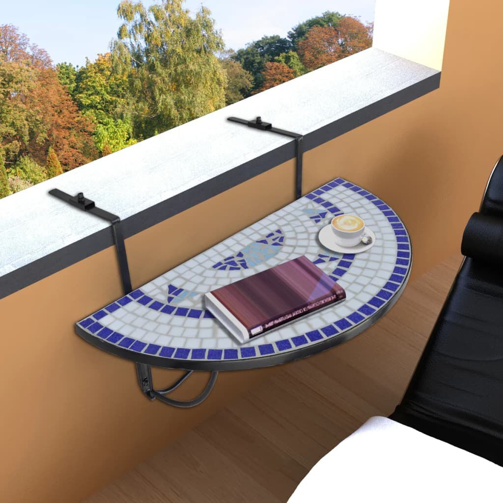 Vidaxl Hanging Balcony Table Blue and White Mosaic
