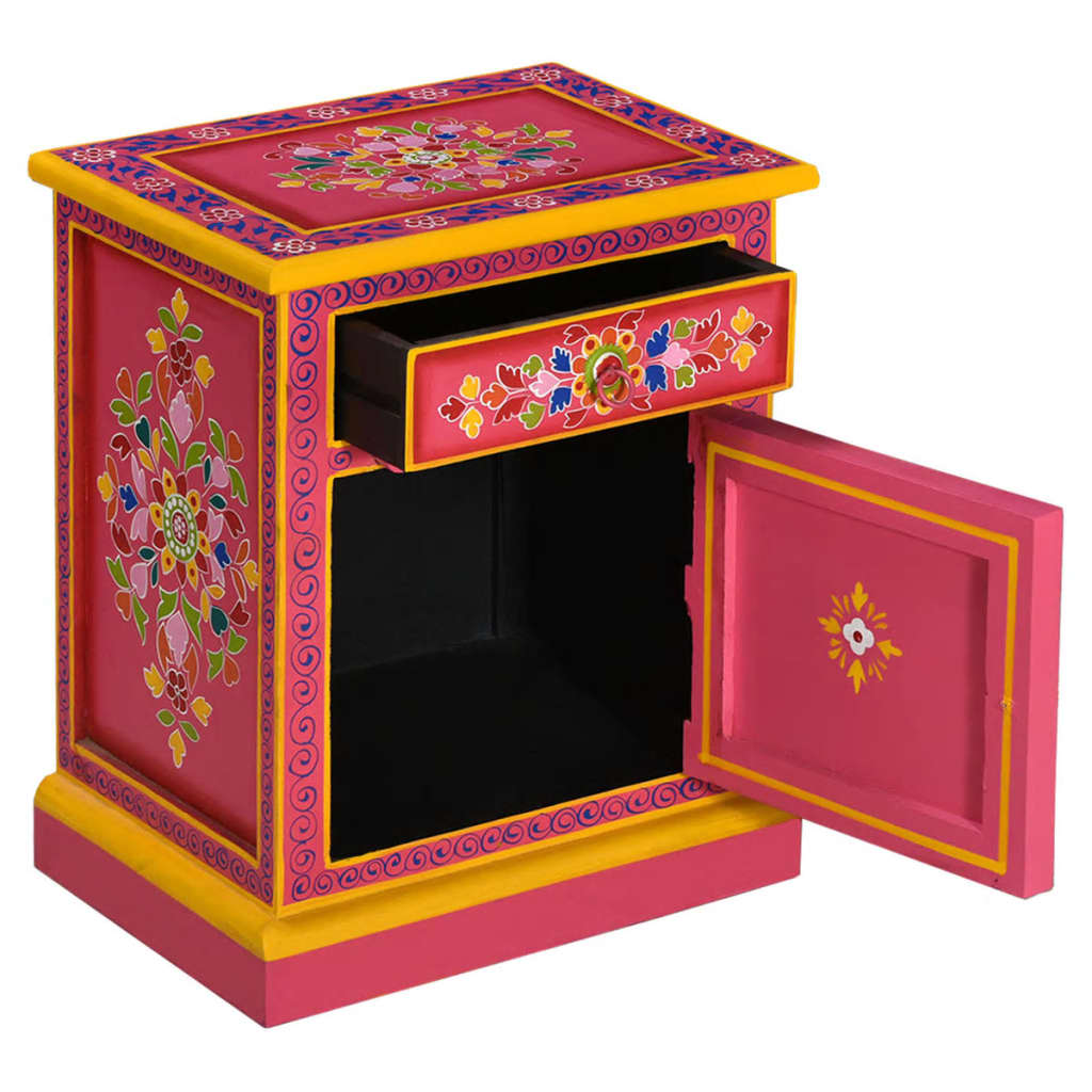 vidaXL Bedside Cabinet Solid Mango Wood Pink Hand Painted | vidaXL.com