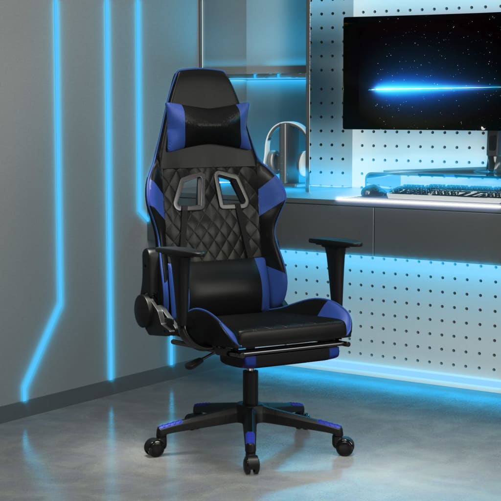 vidaXL Massage Gaming Chair with Footrest Black&Blue Faux Leather ...