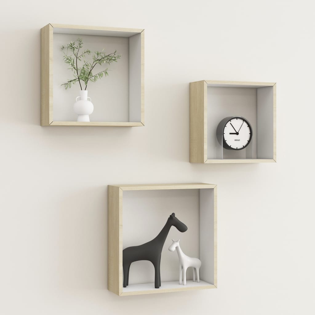 vidaXL Wall Cube Shelves 3 pcs White and Sonoma Oak | vidaXL.com