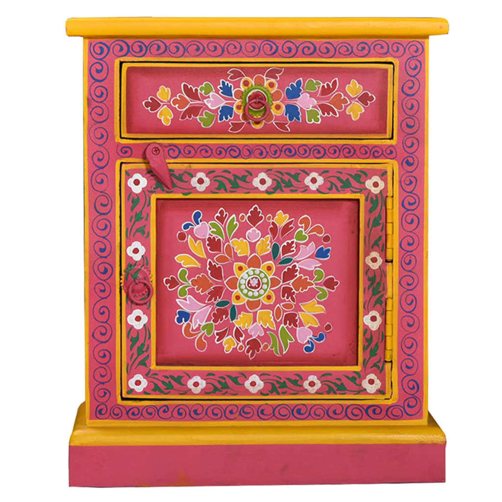 vidaXL Bedside Cabinet Solid Mango Wood Pink Hand Painted | vidaXL.com