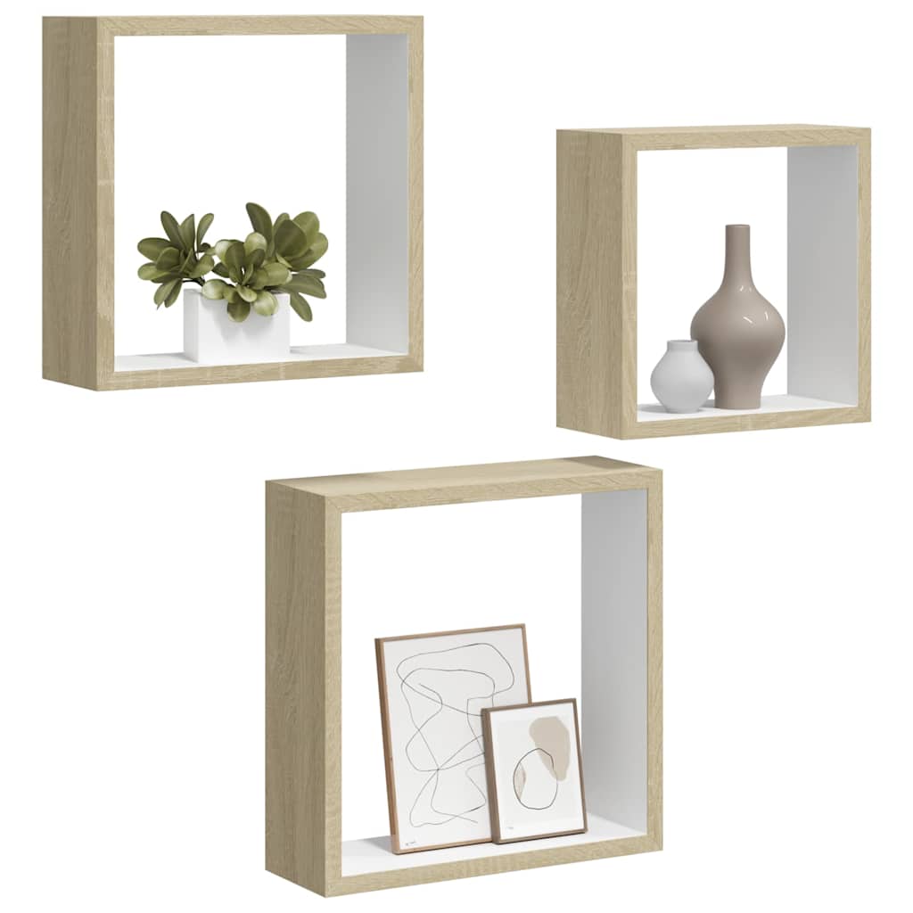 vidaXL Wall Cube Shelves 3 pcs White and Sonoma Oak | vidaXL.com