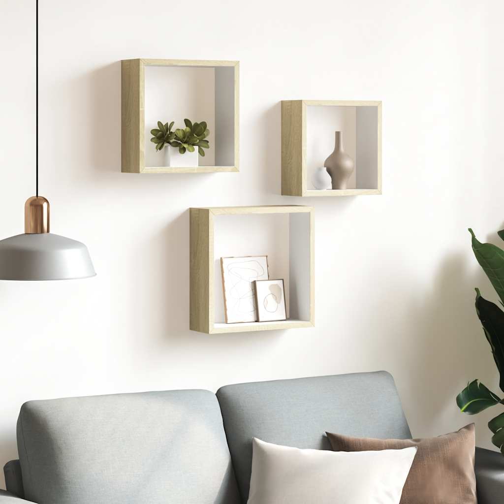 vidaXL Wall Cube Shelves 3 pcs White and Sonoma Oak | vidaXL.com
